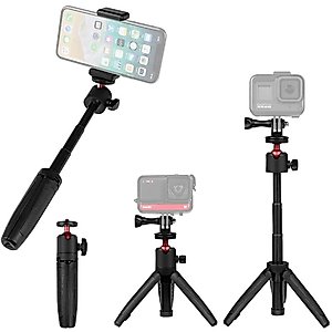 Extendable Mini Selfie Stick Tripod 2 in 1, Compatible with GoPro Max Hero AKASO Action Camera, Portable Handle Vlog Tripod for All Action Cameras and Smart Phone