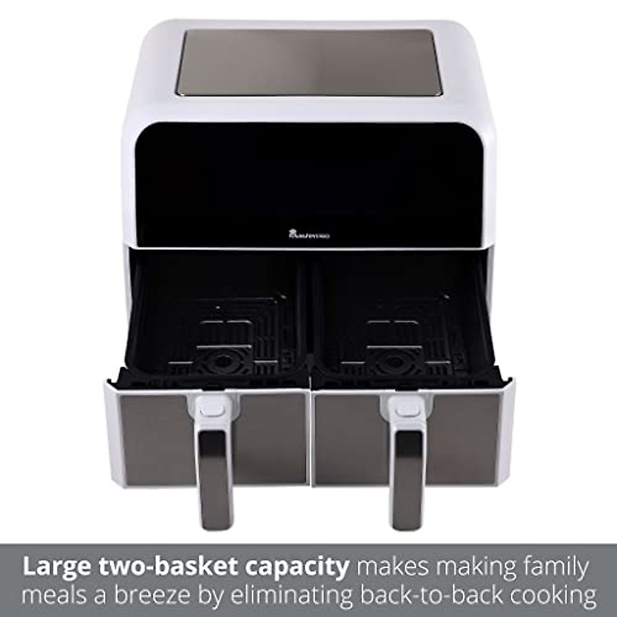 MasterPRO - Dual Air Fryer - 8.4 Quart Capacity with Two Frying Baskets - Two Non Stick Crisper Racks - Holds up to 7.5 Pounds of Food - 1700 Watts - 8 Pre-Programmed Settings