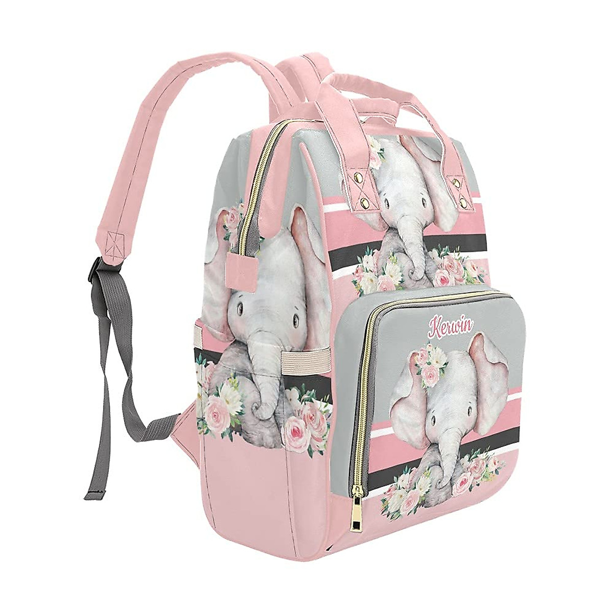 Grandkli Grey Pink Floral Elephant Personalized Diaper Bag Multi-Function Backpack Nappy Bag Travel DayPack for Unisex, One Size