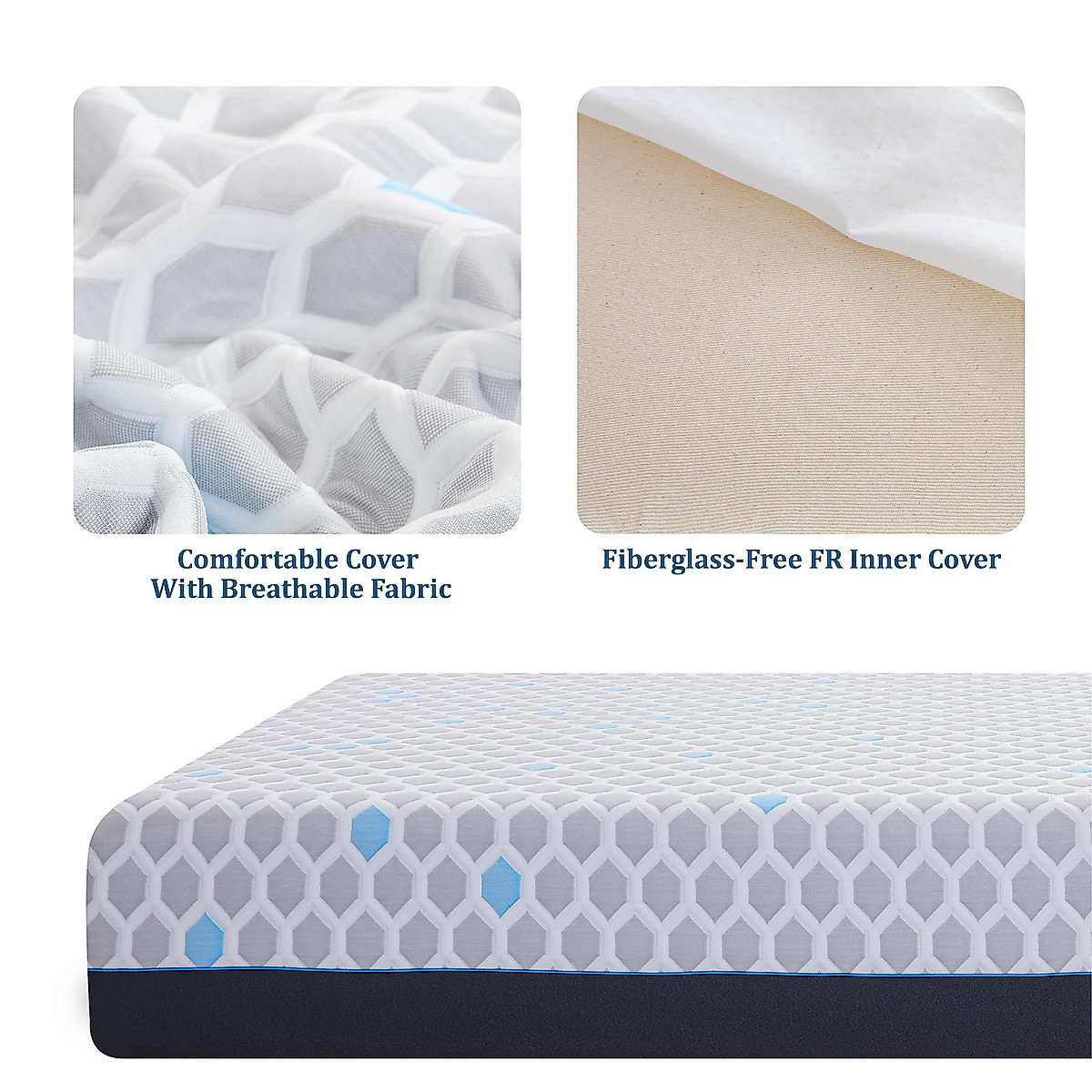 EGOHOME 10 Inch Queen Mattress, Charcoal Gel Cooling Memory Foam Mattress in a Box, Medium Fiberglass Free Mattress, CertiPUR-US Certified, Hexagonal Pattern