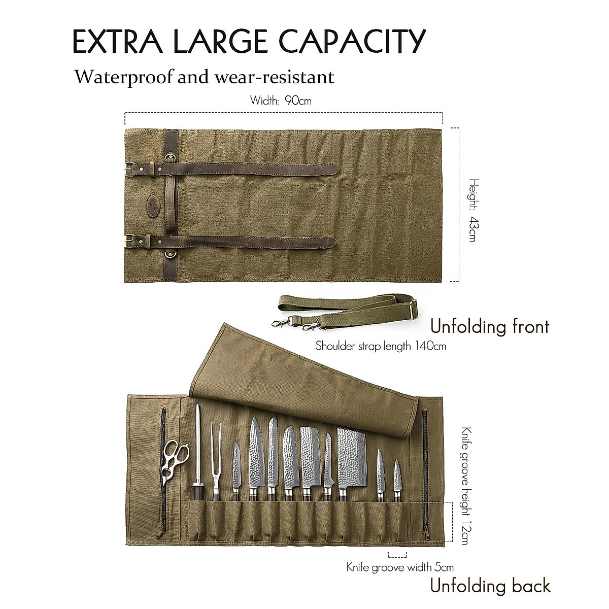 HEZHEN Chef Knife Roll Bag 16oz Oil Waxed Canvas, Heavy Duty Portable Backpack Knife Case Storage, 12 Slots & 2 Zipper Pockets, Detachable Adjustable Leather Shoulder Strap Belt（Not Included Knives）