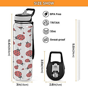 xigua Ladybug Water Bottle with Straw Lid,32 oz Leakproof Sport Water Bottle with Wide Handle for Gym,Cycling,School,Travel