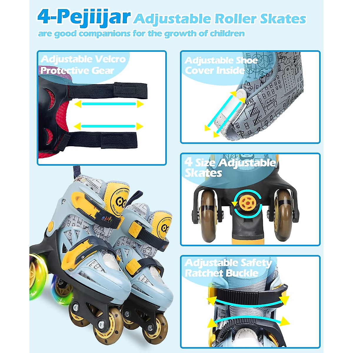Kids Quad Roller Skate,Roller Skates for Girls Boys,with Adjustable Size&Double Brakes&Luminous Wheels&Protective Gear,3-Point Balance Roller Shoes for Beginners,for Indoor Outdoor