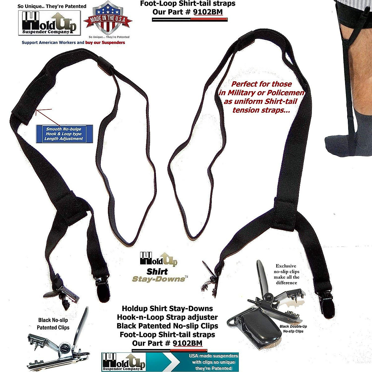 Hold-Ups Stay-downs Dress Shirt Stays Y-Style Metal with USA Patented No-slip Clips