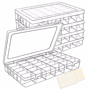RYKOMO 5 Pack 36 Grids Clear Plastic Organizer Storage Box Container with 270 Label Stickers, Craft Bead Organizers and Storage with Adjustable Dividers Plastic Container with Dividers for Crafts