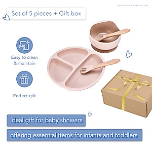 Light Autumn - Silicone Baby Feeding Set - Toddler Led Weaning Supplies - Kids Plate, Bowl, Spoon and Fork Set with Wooden Handle - Feeding Set For Infants - Baby Utensils Set 3.14x7.8x5.9" (Cream)