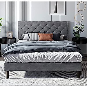 HOMBCK Upholstered Bed Frame Full with Velvet Button Tufted & Nailhead Trim Headboard, Full Bed Frame No Box Spring Needed, Wooden Slats Support, Mattress Foundation, Easy Assembly, Grey