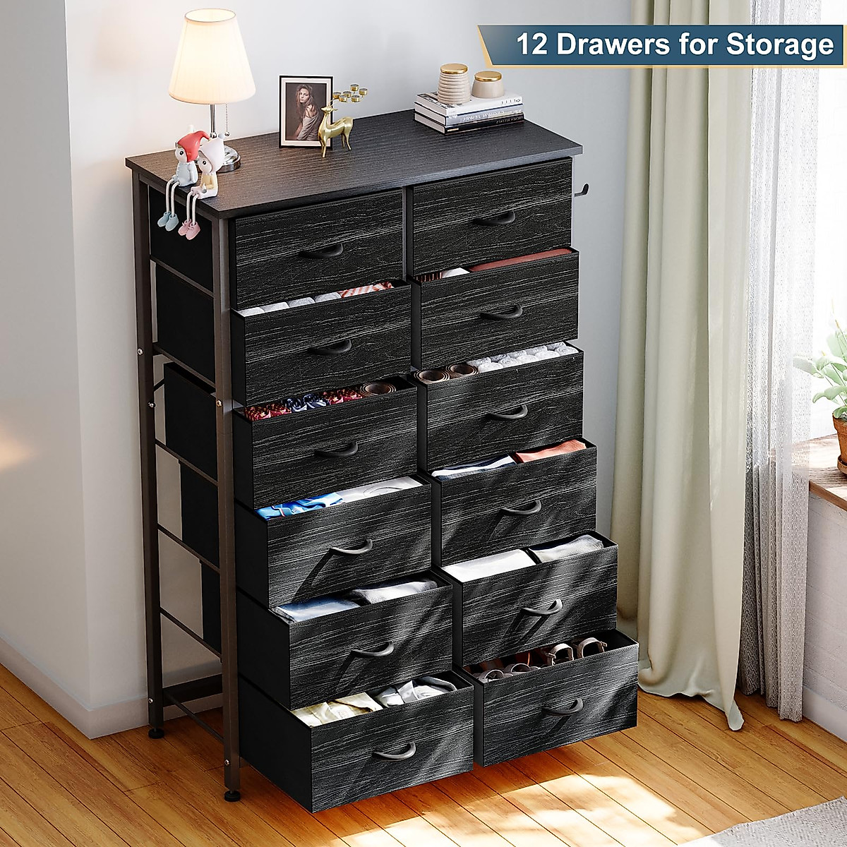 YaFiti Dresser for Bedroom, Tall Dresser with12 Drawers, Dressers Bedroom Furniture Dressers & Chest of Drawers for Clothes, Closet, Black 2pcs