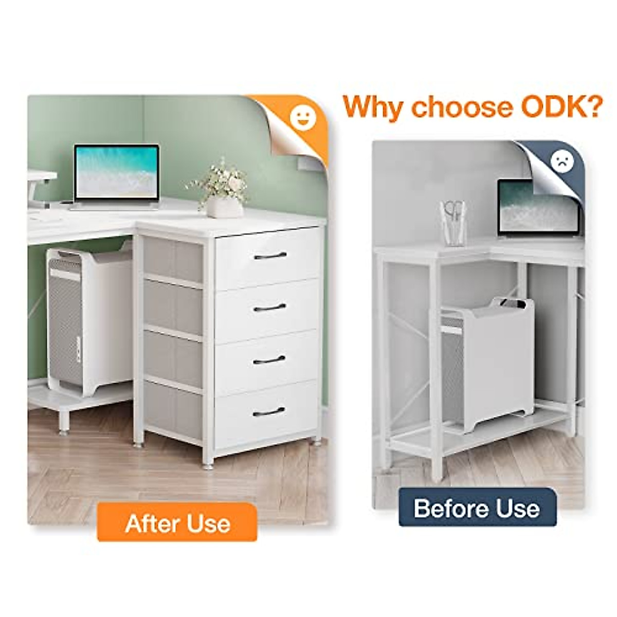 ODK 55 inch L Shaped Computer Desk with USB Charging Port & Power Outlet, L-Shaped Corner Desk with 4 Tier Drawer & Monitor Shelf for Home Office Workstation, Modern Style Writing Table, White