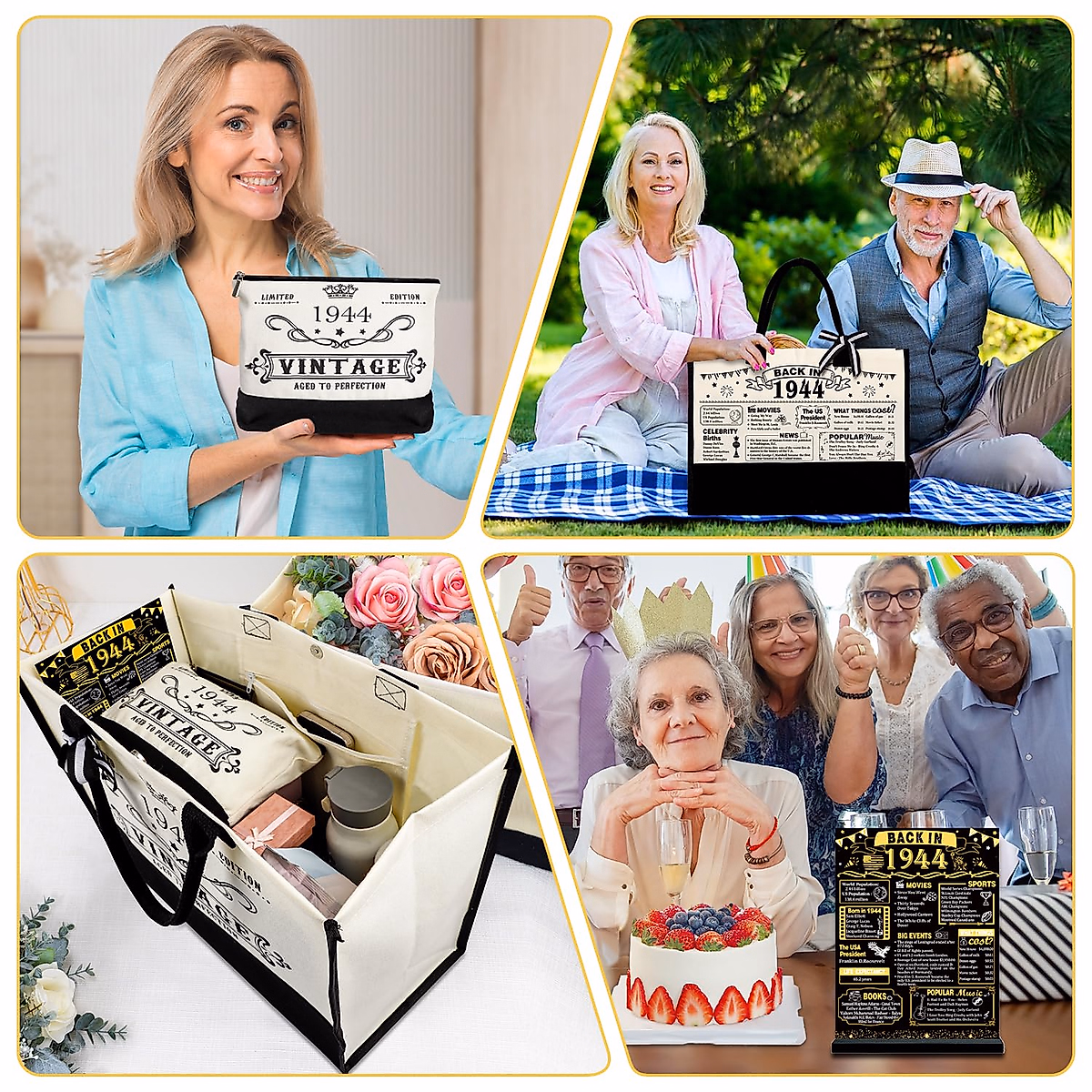 80th Birthday Gifts for Women Canvas Tote Bag Travel Gear, Unique 80 Years Old Birthday Gifts for Mom Wife Aunt Friends Her Turning 80, Vintage 1944 Beach Bag & Cosmetic Bag & Back in 1944 Poster