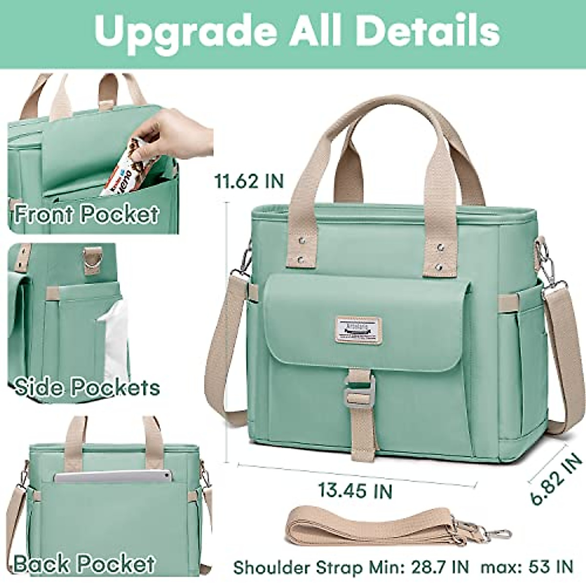 Artelaris Lunch Bag for Men Women, Large Lunch Box Tote for Work, Adult Insulated Leakproof Cooler Bag with Side Pocket & Adjustable Shoulder Strap Lunch Purse,Lunchbag for Picnic Hiking Beach