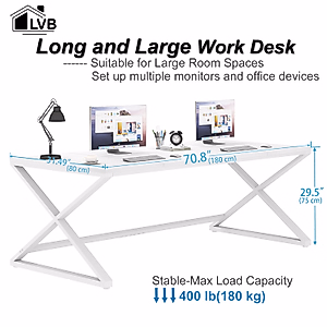 LVB 70.8" Long Desk, Modern Large White Computer Desk for Home Office Work, Wood Metal Computer Table for Writing Study in Bedroom, Simple Gaming Desk for 2 Monitor Workstation, White Oak, 70 in