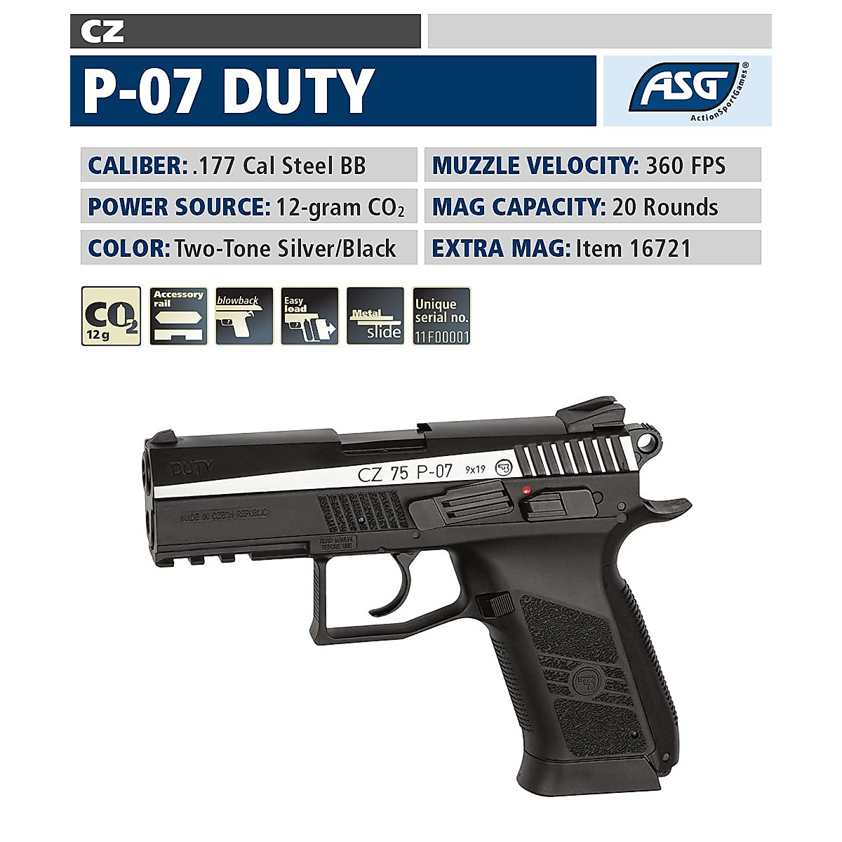 ASG CZ 75 P-07 Duty Two-Tone CO2 BB Gun Pistol .177 cal Steel, Blowback