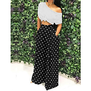 A ADILACA High Waisted Palazzo Pants for Women Dressy, High Waisted Wide Leg Pants for Women with Pockets, Pull On Wide Leg Pants for Women, High Waist Long Flowy Pants (Polka Dot-Black, XL)