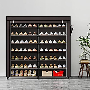 LINZINAR Shoe Rack Storage Organizer 42 Pairs Portable Double Row with Nonwoven Fabric Cover Shoe Cabinet for Closet (7 Tier, Coffee)