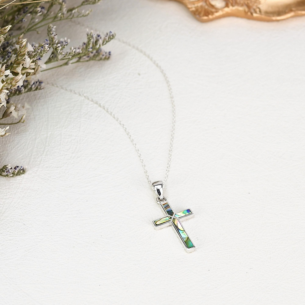 AeraVida Iridescent Cross of Faith Abalone Shell .925 Sterling Silver Necklace, 18 inch