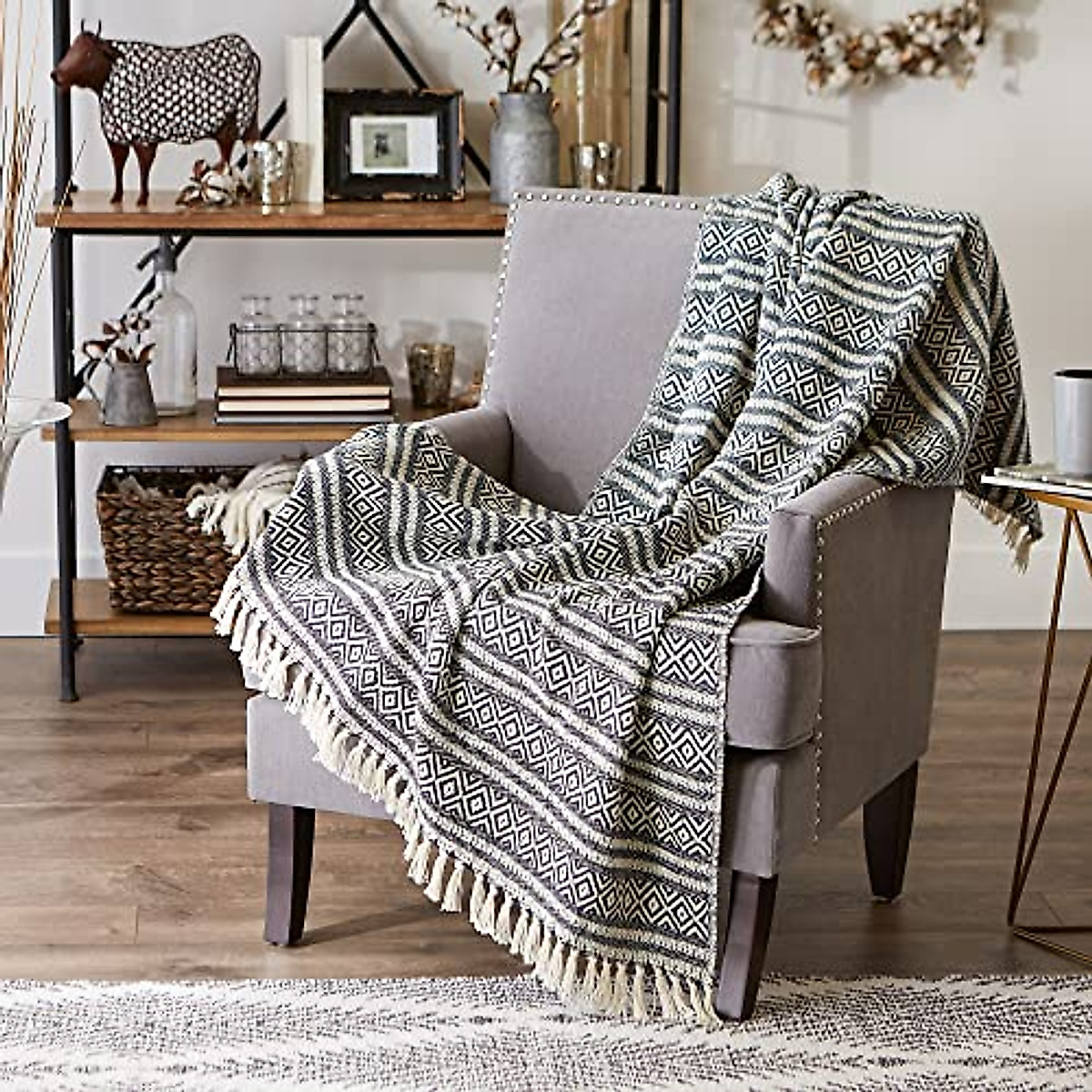 DII Rustic Farmhouse Cotton Adobe Stripe Blanket Throw with Fringe for Chair, Couch, Picnic, Camping, Beach, & Everyday Use, 50 x 60