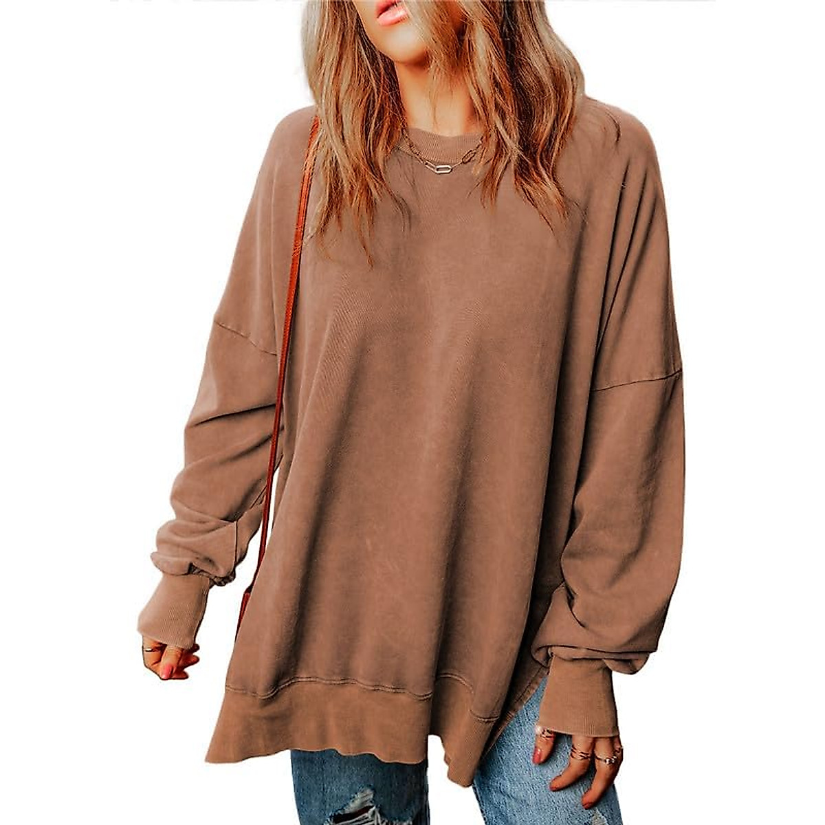 SHEWIN Womens Sweatshirt Casual Long Sleeve Crew Neck Loose Fleece Pullover Tops Lightweight Soft Fall Oversized Sweatshirts for Women,US 16-18(XL),Brown