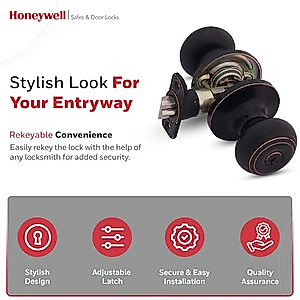 Honeywell Safes & Door Locks - Interior & Exterior Door Knob with Lock & Keys Set - Anti Bump Resistant Front Door Knob for Bedroom & Bathroom - 6.5 x 2.75 x 2.75 in - Oil Rubbed Bronze - 8101401