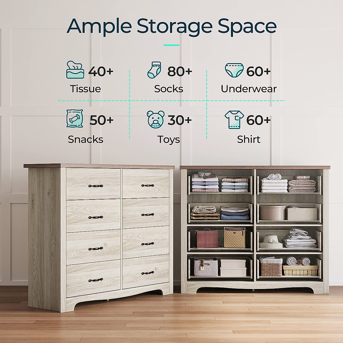 LINSY HOME 8 Drawer Double Dresser, Dresser for Bedroom, Farmhouse Dresser Chest with Wide Drawers, Wood Storage Chest of Drawers for Living Room