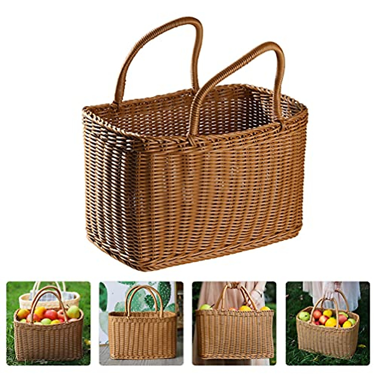 IMIKEYA Straw Basket Woven Basket with Handle Rattan Tote Bag Weaving Storage Basket Grocery Shopping Basket Woven Women Handbags for Kitchen Bathroom Dirty Cloth Basket Wicker Picnic Basket
