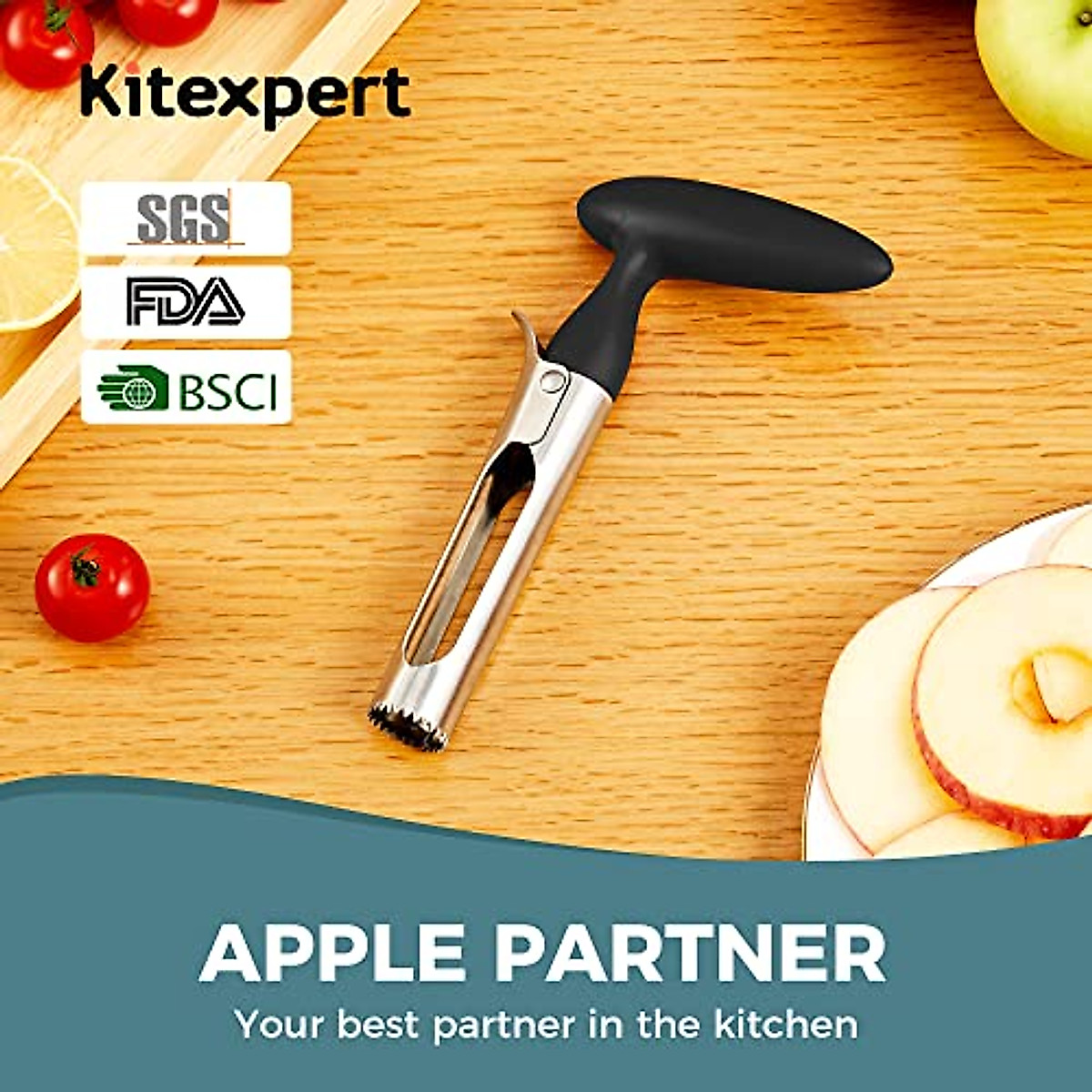 KITEXPERT Apple Corer, Premium Apple Corer Tool with Ergonomic Handle, Stainless Steel Apple Corer Remover with Sharp Serrature, Durable Kitchen Corer for Apple, Pears and Bell Peppers(Black)