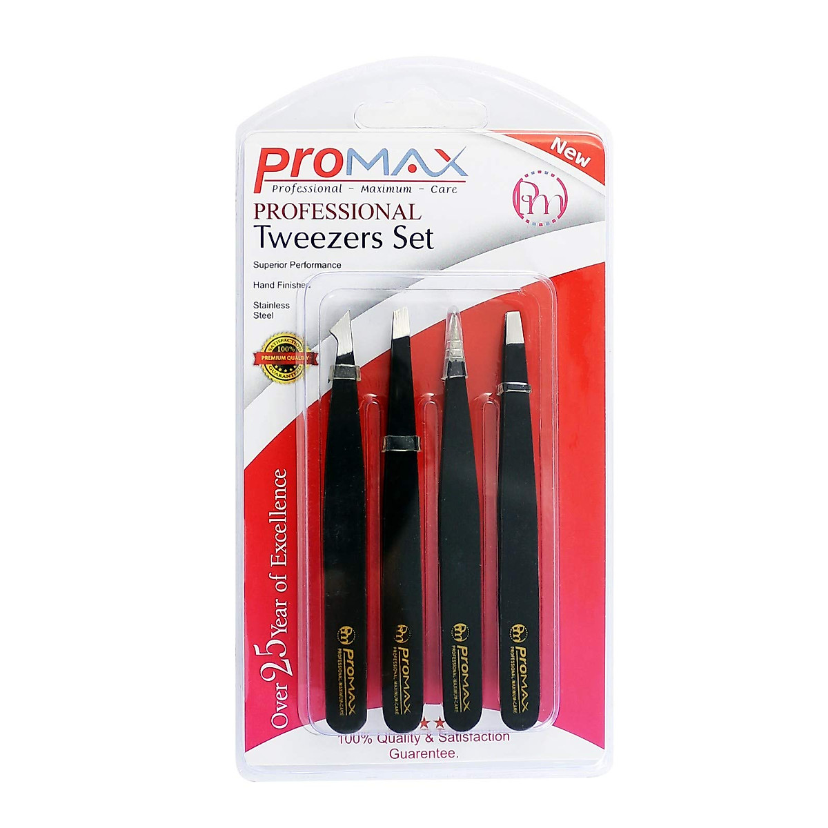 ProMax Care EyeBrow 4-piece Tweezers Set - Stainless Steel Slant Tip and Pointed Eyebrow Tweezer Set - Great Precision for Facial Hair, Ingrown Hair, Splinter, Blackhead and Tick Remover - 40-9049B4P