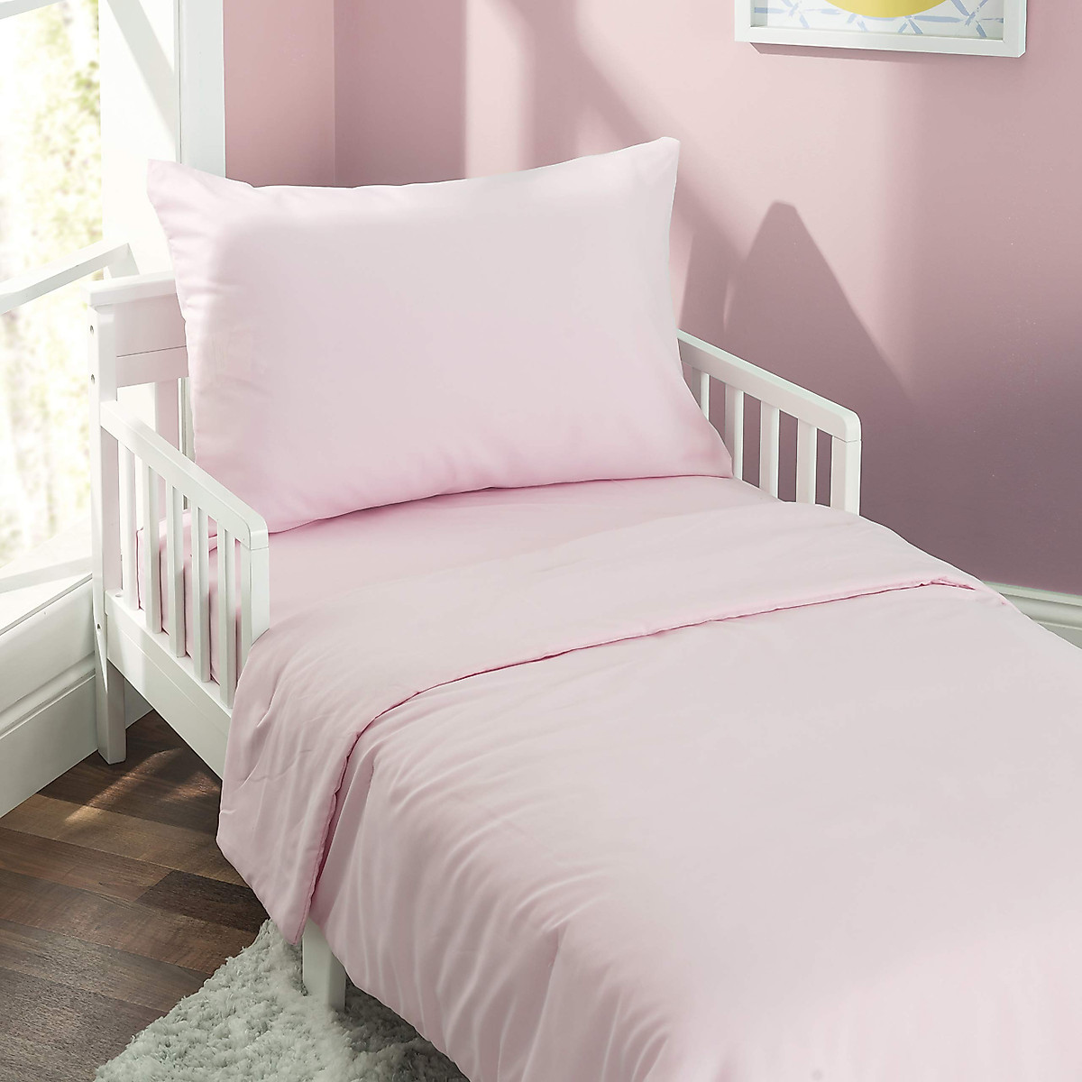 EVERYDAY KIDS 4 Piece Toddler Bedding Set - includes Comforter, Flat Sheet, Fitted Sheet and Reversible Pillowcase - Solid Pink