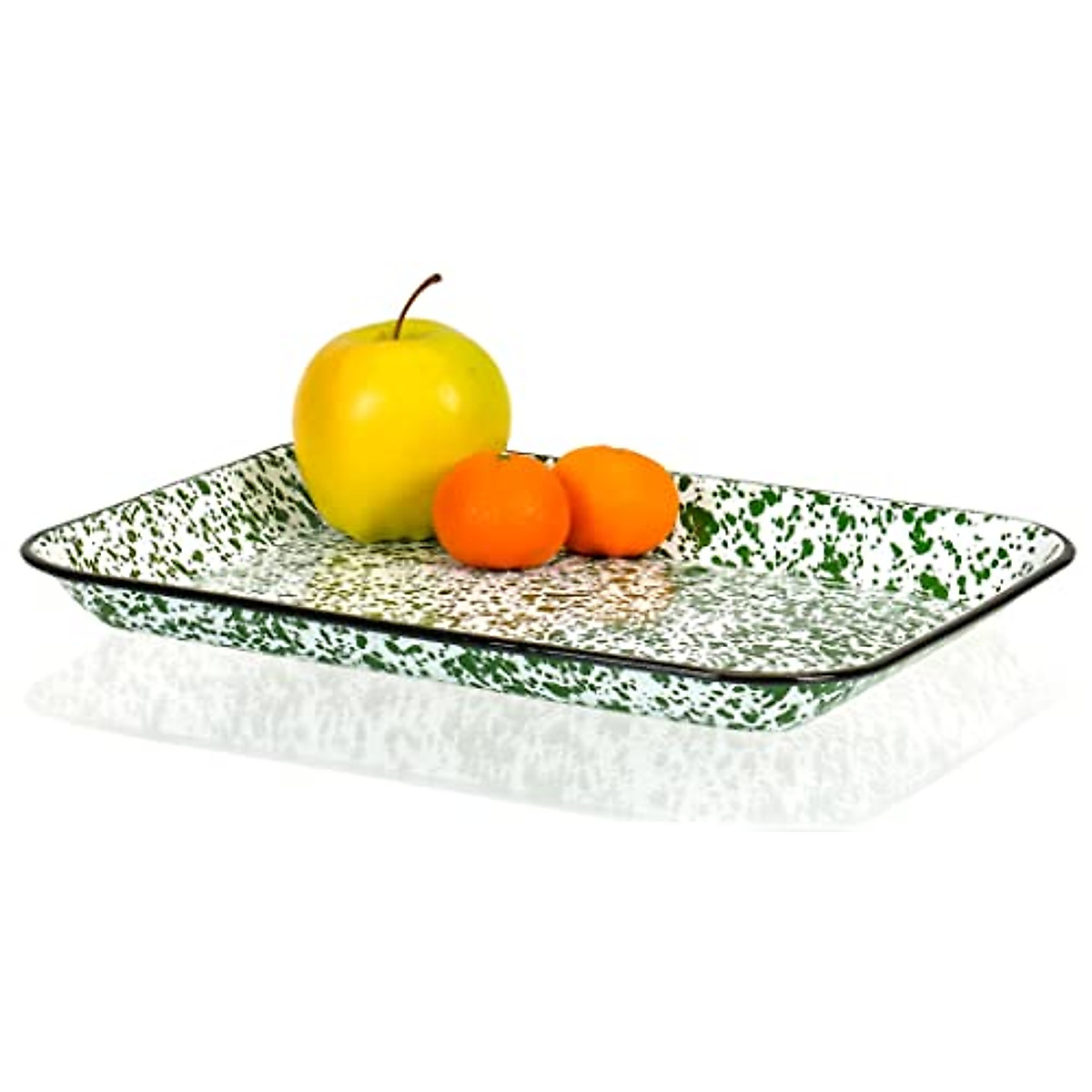 Red Co. 13.5” x 10” Enamelware Metal Classic 1.6-Quart Rectangular Serving Tray, Dark Green Marble/Black Rim – Splatter Design