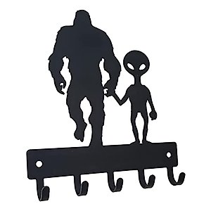 The Metal Peddler Alien & Bigfoot Sasquatch Key Holder with 5 Hooks - Small 6 inch Wide - Made in USA; Wall Mounted