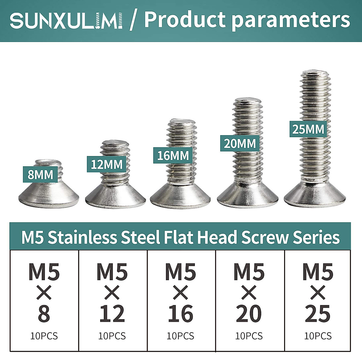 M5 x 8mm 12mm 16mm 20mm 25mm Flat Head Hex Socket Cap Screws Countersunk Bolts, 304 Stainless Steel, Fully Threaded, Bright Finish, Metric Allen Hex Drive, Assortment Kit 50PCS