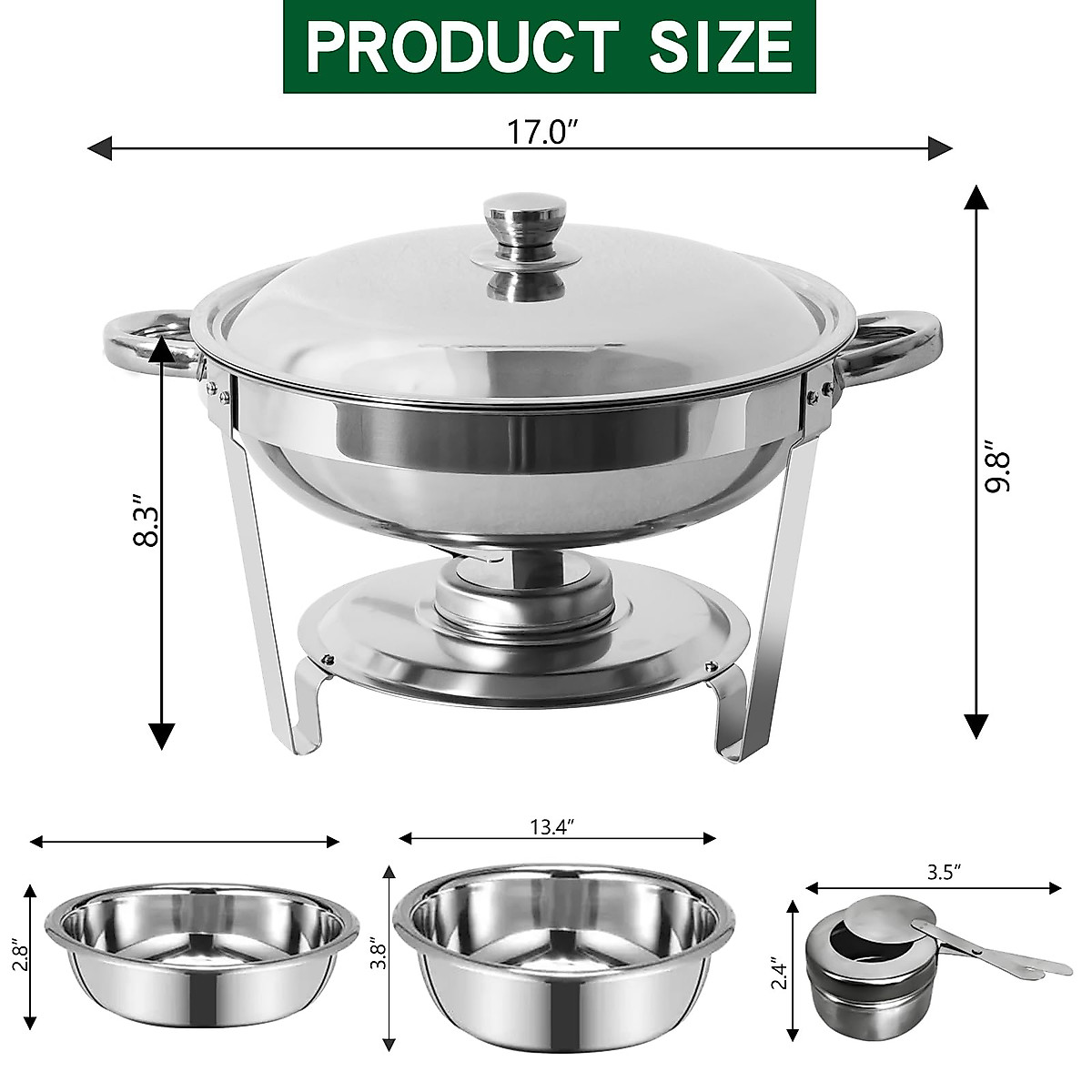 EVGTTI 4 Pack Round Chafing Dish Buffet Set, 5QT Stainless Steel Round Chafers and Buffet Warmer Sets for Catering, with Food & Water Pan, Lid, Foldable Frame, Fuel Holder