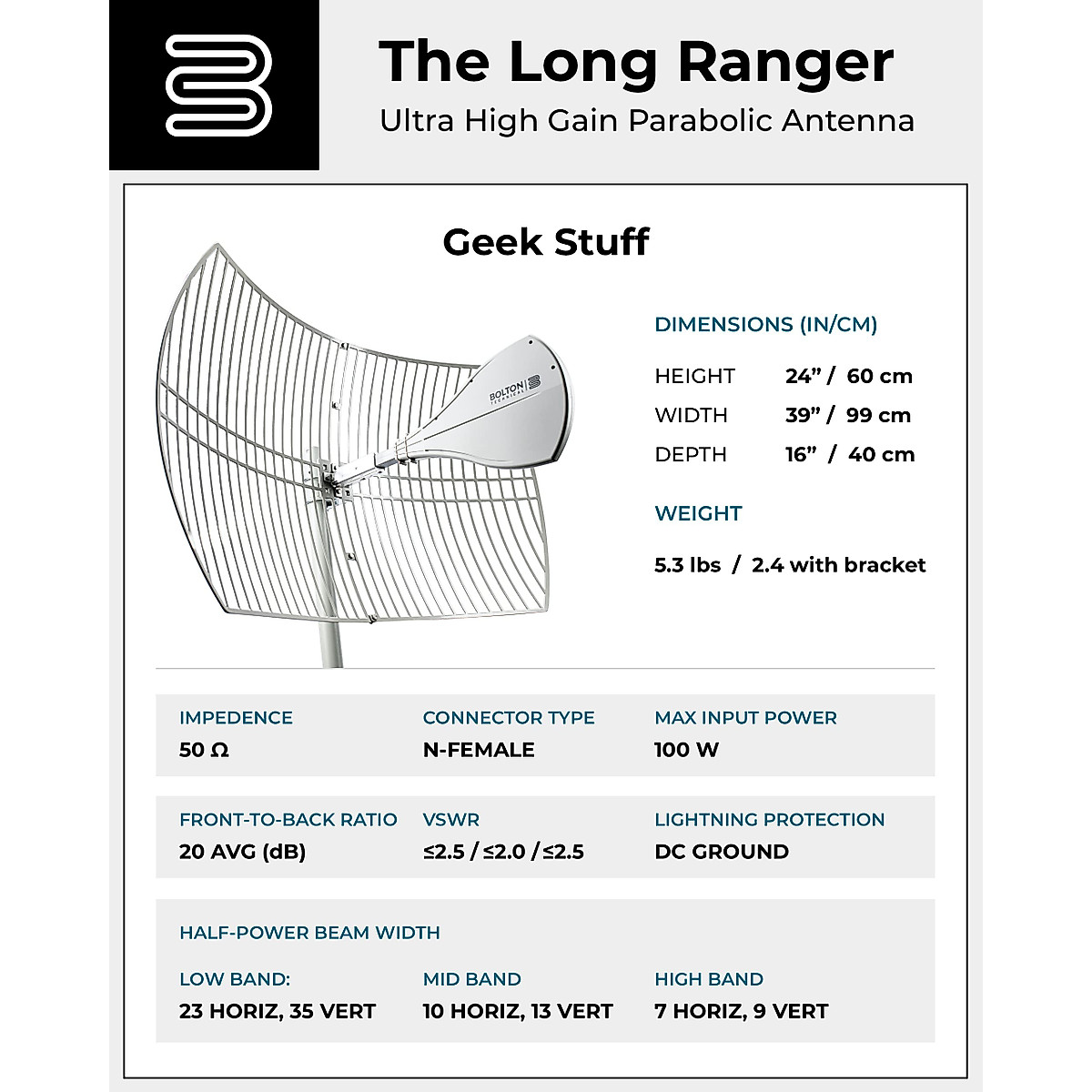 Bolton Long Ranger | New Parabolic Antenna - up to 20 Miles Range | High gain Cellular/WiFi Antenna up to +28 dB | All Cell Bands LTE,4G,5G,3G, WiFi 2.6/5 GHz WiFi 6 (Renewed)