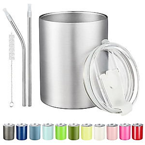 Puraville 12 oz Handleless Coffee Mug,Insulated Travel Mug with Lid and Straw, Double-Walled Stainless Steel Vacuum Coffee Tumbler Cup with lid, Silver