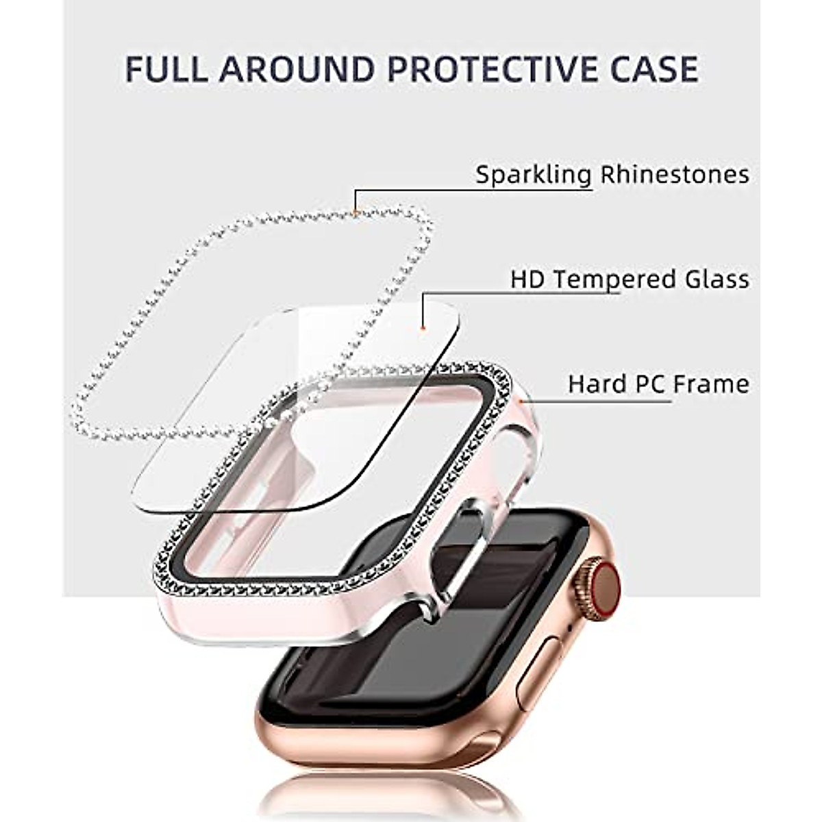 ZAROTO for Apple Watch case 40mm with Tempered Glass Screen Protector for iwatch Series 6/5/4/SE, Bling Crystal Diamond Rhinestone Bumper Full Cover Protective Case Women Girls 40mm Pink