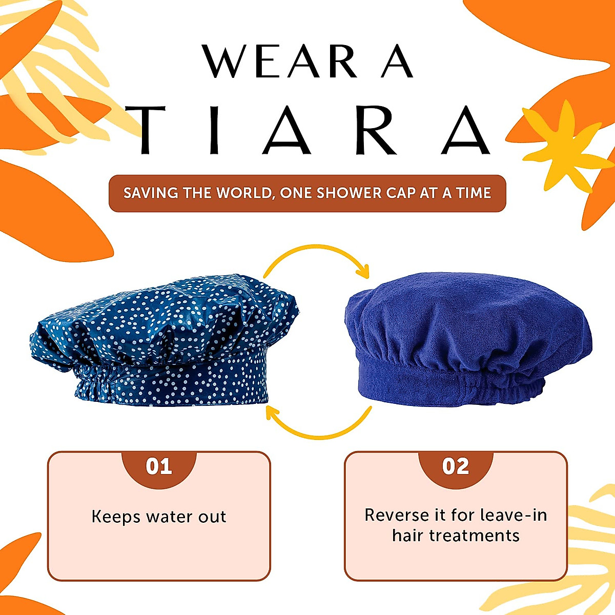 TIARA Luxury Shower Cap for Women Reusable Waterproof, Hair Cap for Long & Short Hair, All Size Flexi Adjustable Terry Lined Cloth Plastic Leakproof Soft, Breathable, Durable & Comfy (Dots Blue)