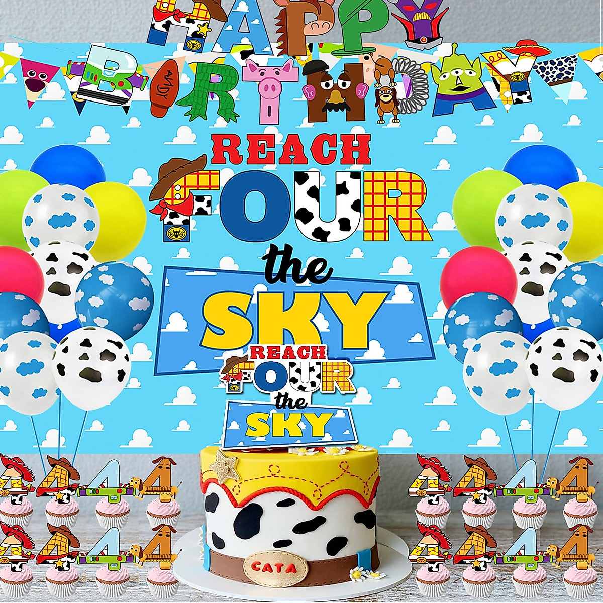 Cartoon Story Party Supplies 4th Birthday include Reach Four The Sky Cake Topper Backdrop Cupcake Toppers Balloons Banner for 4th Boys Girls Birthday Decorations