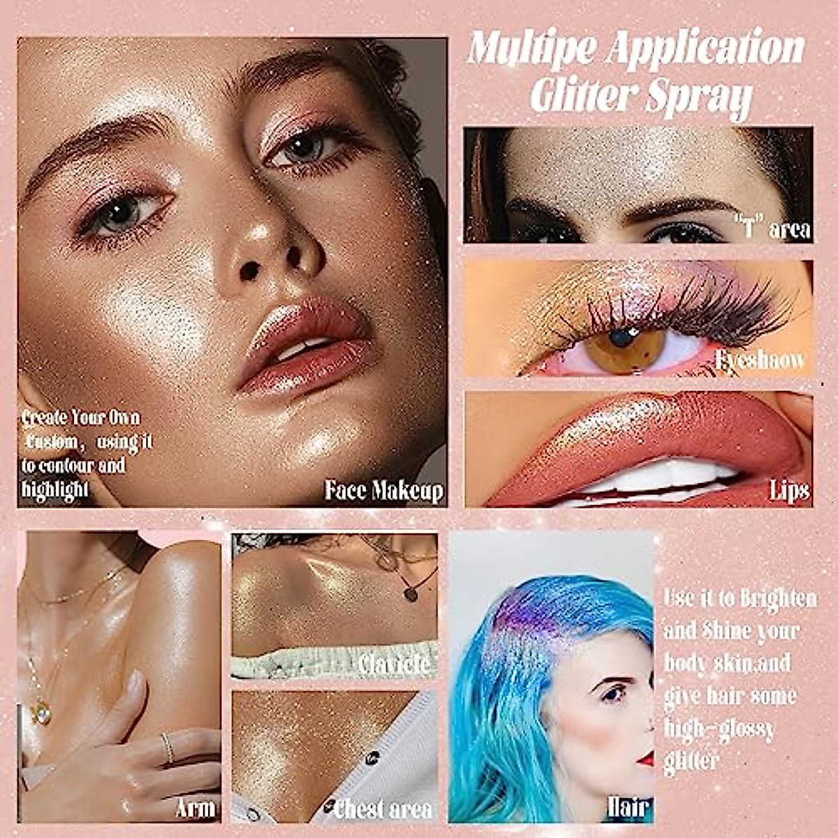 BOKO Highlighter Powder Spray, Cosmetic Grade Body Shimmer Spray High Gloss Diamond Highlight Glitter Magic Powder Makeup Sparkle Glitter Hairspray Rave Accessories for Women Face Paint Hair Clothes