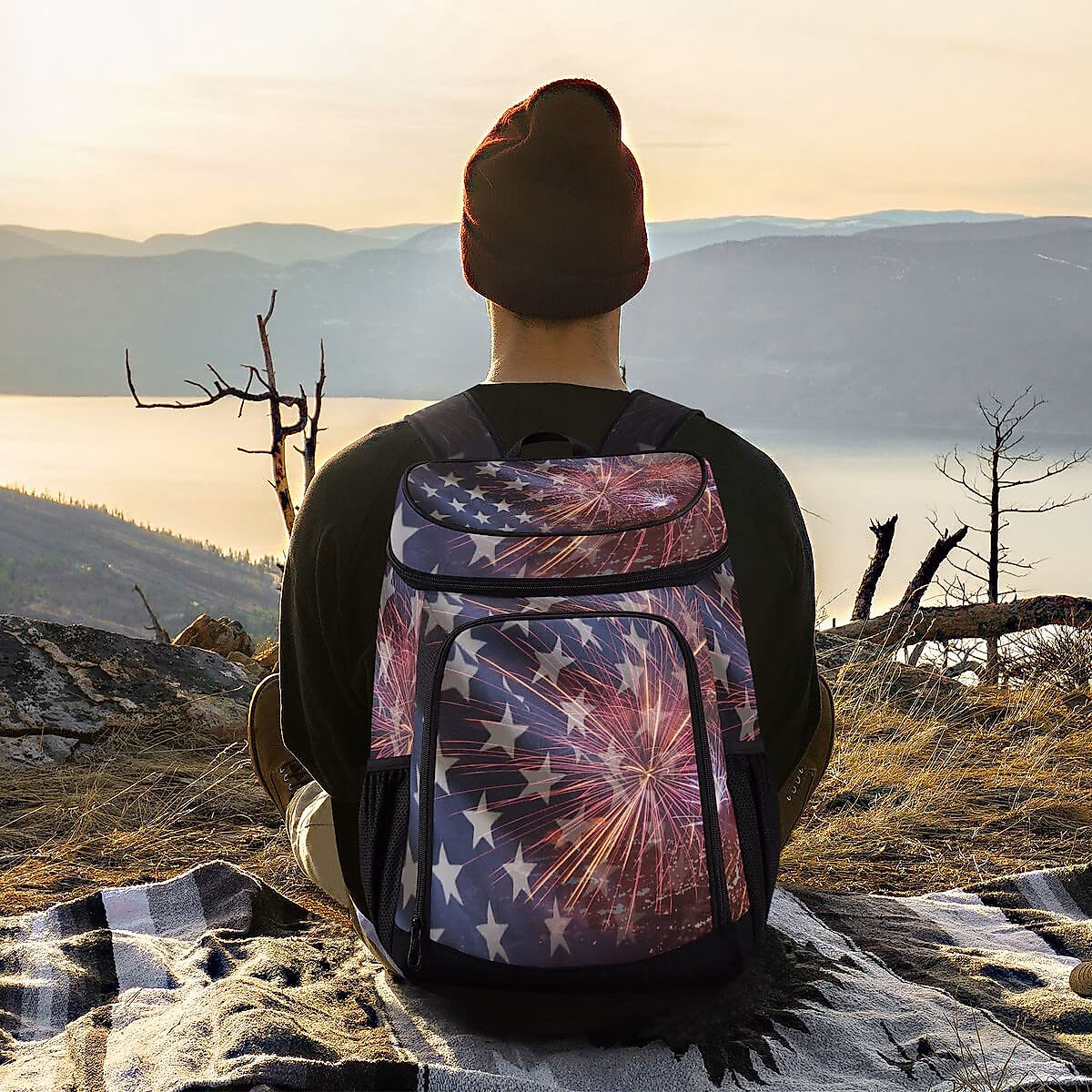 American Flag Firework Memorial Cooler Backpack Leakproof Backpack Cooler Insulated Lunch Cooler Bag 30 Cans Camping Coolers for Picnic Beach Road Trip