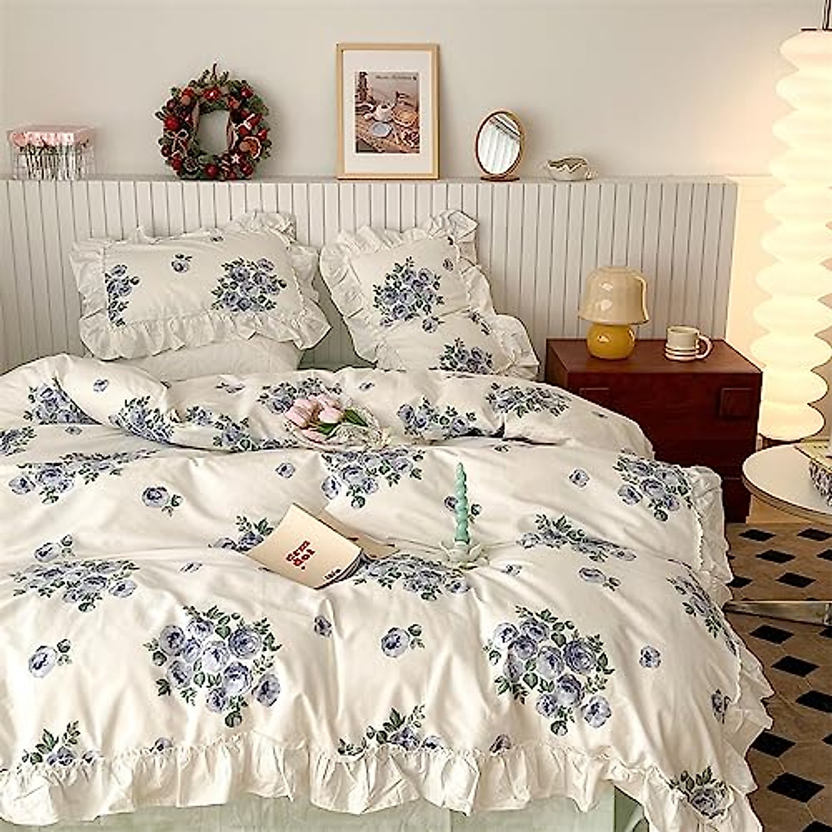 JamChe Lovely Pastoral Style Ink Paint Embroidered Flower Ruffle Lace Bedding 100% Cotton Quilt Cover Sheet Four Piece Set,L,14,Queen 180cm Bed 4pcs