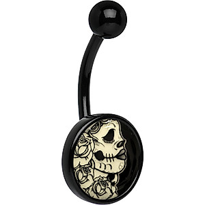 Body Candy Unisex Adult Black Glow in the Dark Katrina Sugar Skull Belly Button Ring