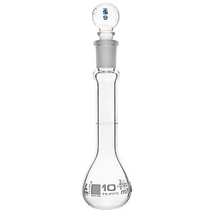 EISCO Volumetric Flask, 10ml - Class A, ASTM - Tolerance ±0.020 ml - Glass Stopper - Single, White Graduation