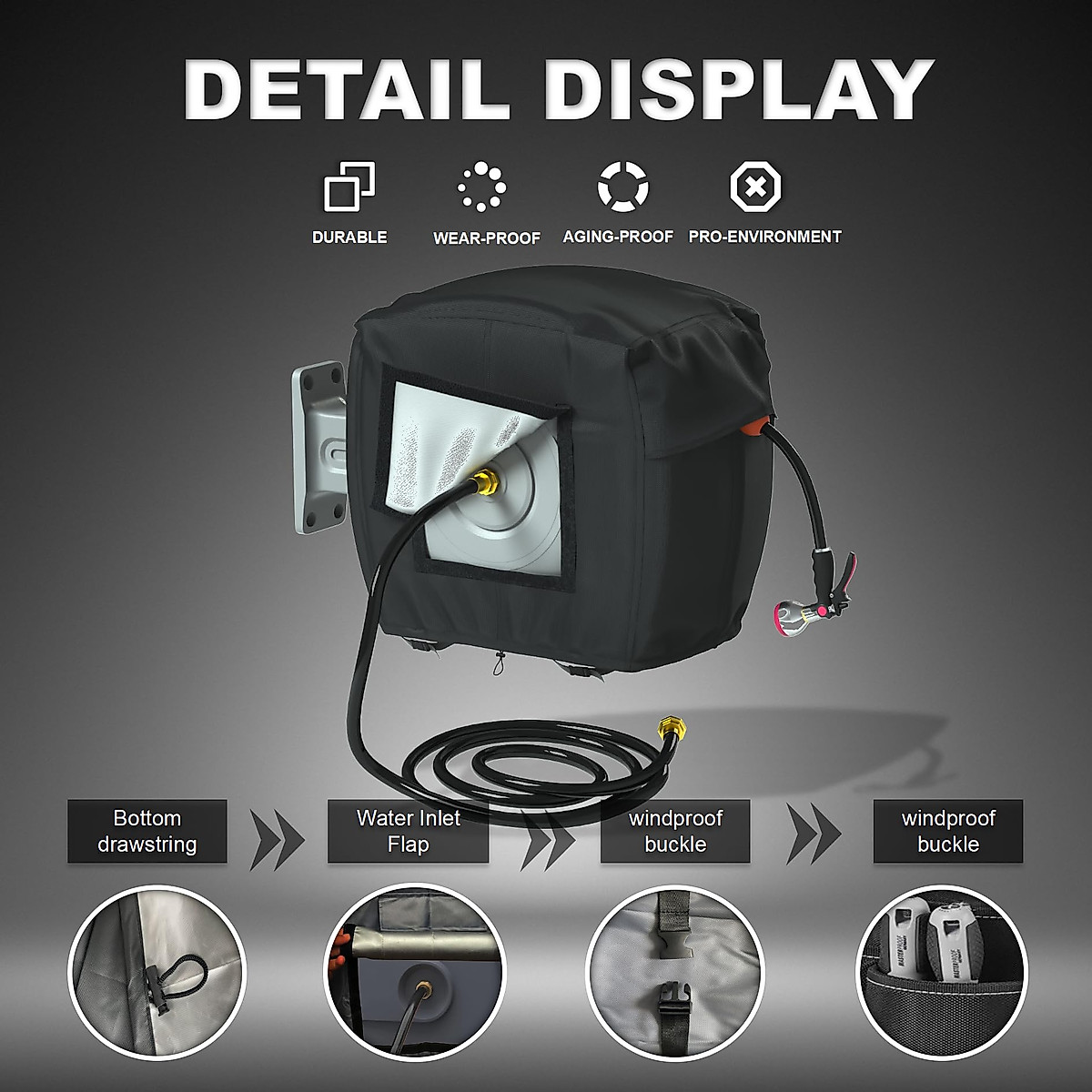 Garden Hose Reel Cover UV Resistant, 100% Waterproof and Anti-Fading Cover for Water Hose Reel，Heavy Duty 600D Polyester Coated Material,With Storage Function ，Black(21.6″ x 15.7″ x 21.6″)