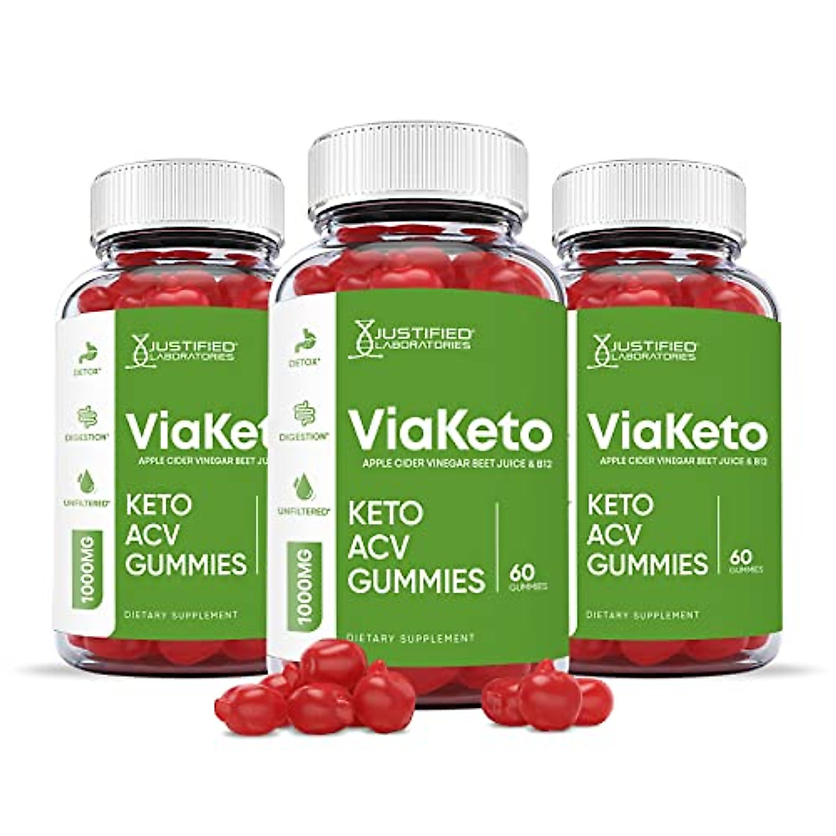 Justified Laboratories (3 Pack) Viaketo Keto Gummies 1000MG Via Keto ACV with Pomegranate Juice Beet Root B12 180 Gummys
