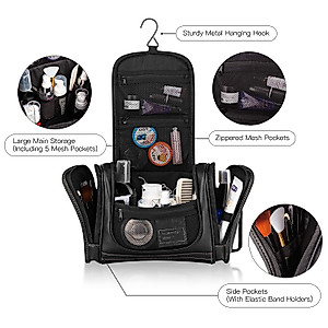 MIRASON Hanging Toiletry Bag for Men Dopp Kit Waterproof Leather Travel Organizer with Sturdy Metal Hook and Handle for Bathroom Shower Cosmetics Camping Brushes Shaving (Black)