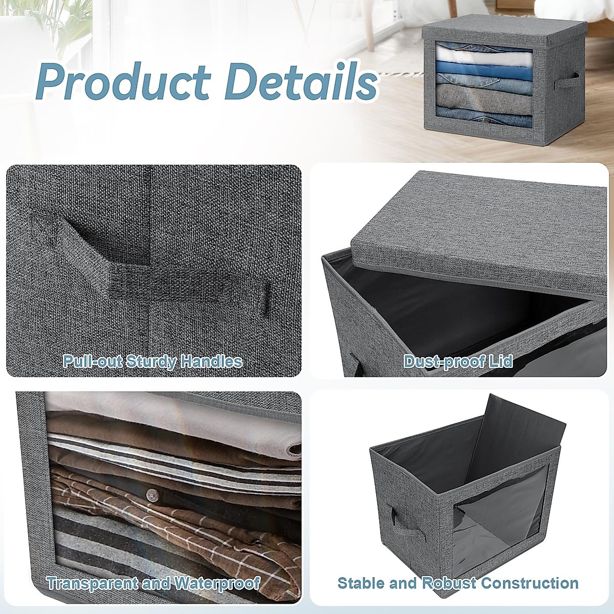 Bellzacasa Large Collapsible Storage Bins with Lids, 3 Pack Foldable Clear Window Storage Boxes with Handles, Linen Fabric Storage Cubes Baskets Organizer Containers, Gray, 15.8x11.8x11.8”