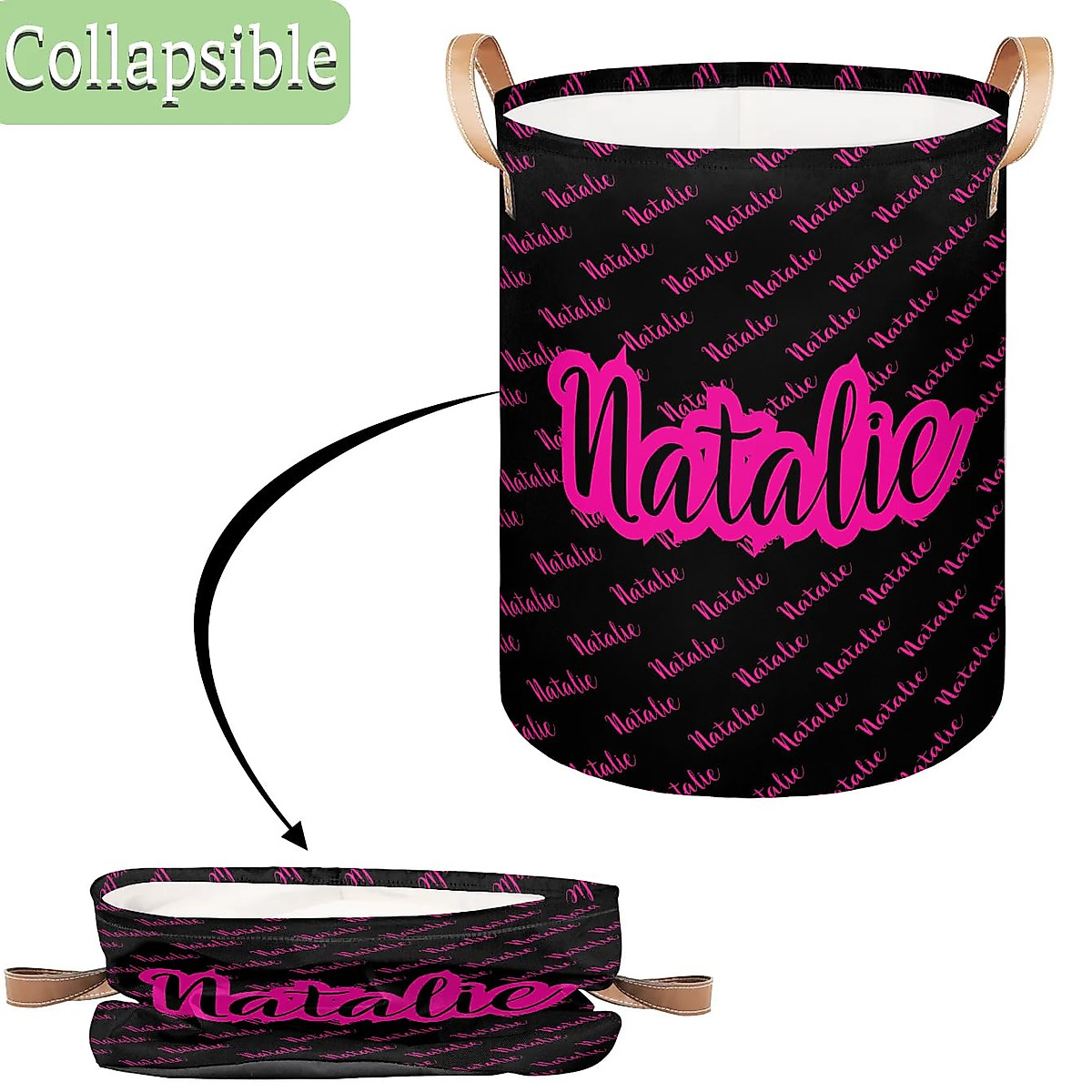 Personalized Laundry Basket, Custom Gift Laundry Hamper, Collapsible Nursery Waterproof Laundry Baskets, Dirty Clothes Toy Hamper with Handles Name Black Hot Pink
