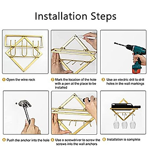 Wall Mounted Wine Rack, Foldable Metal Wine Bottle Racks with 3 Stemware Holders, Hanging Shelf for Home, Kitchen, Bar Wall Decor (Gold)