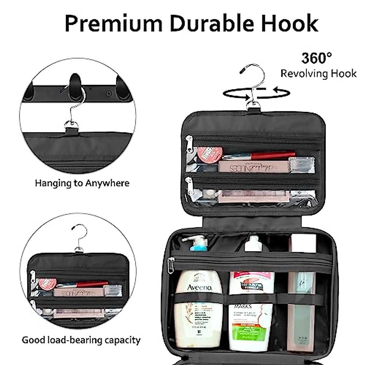 ZPP Toiletry Bag for women, Hanging Toiletry Bags, Water-resistant Makeup Travel Bags, Large Capacity Travel Bag, Organizer for Full-Sized Shampoo, Conditioner-Perfect Gifts for Women（black）…