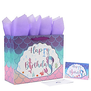 13" Large Purple Gift Bag Set with Greeting Card and Lavender Tissue Papers (Mermaid Design) for Girls' Birthday Party, Women's Birthday Parties, Baby Shower, Baby Girl - 13”x5.2”x10.2”, 1 Pcs.